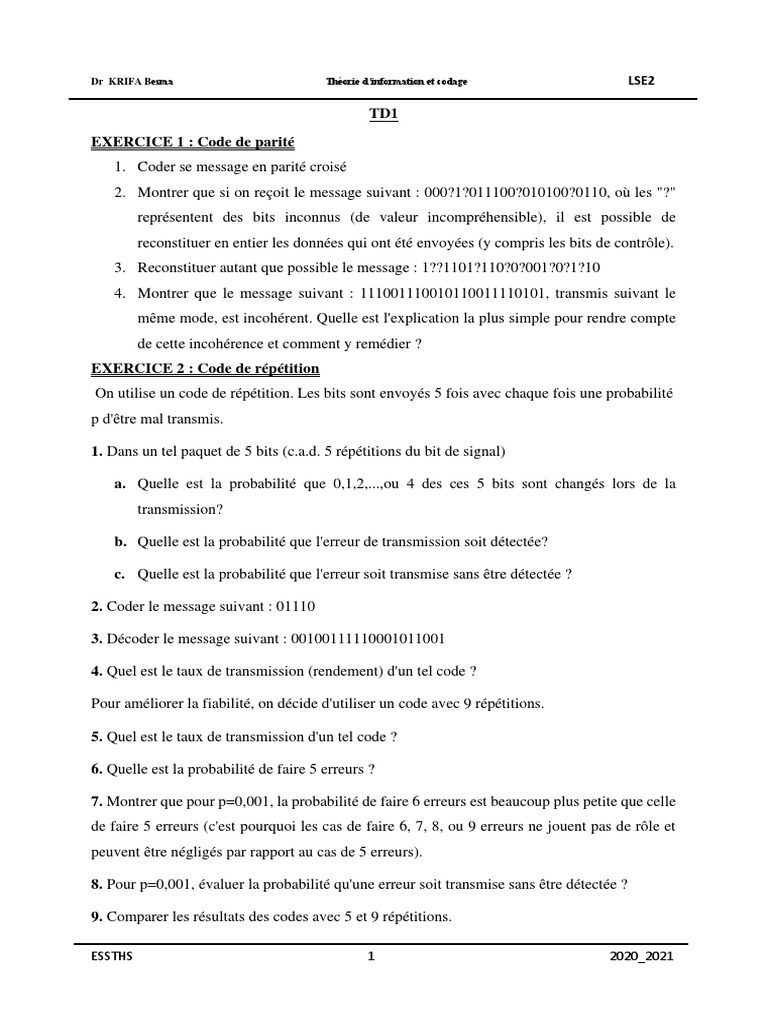 TD 1 Theorie D'information Et Codage LSE2 | PDF