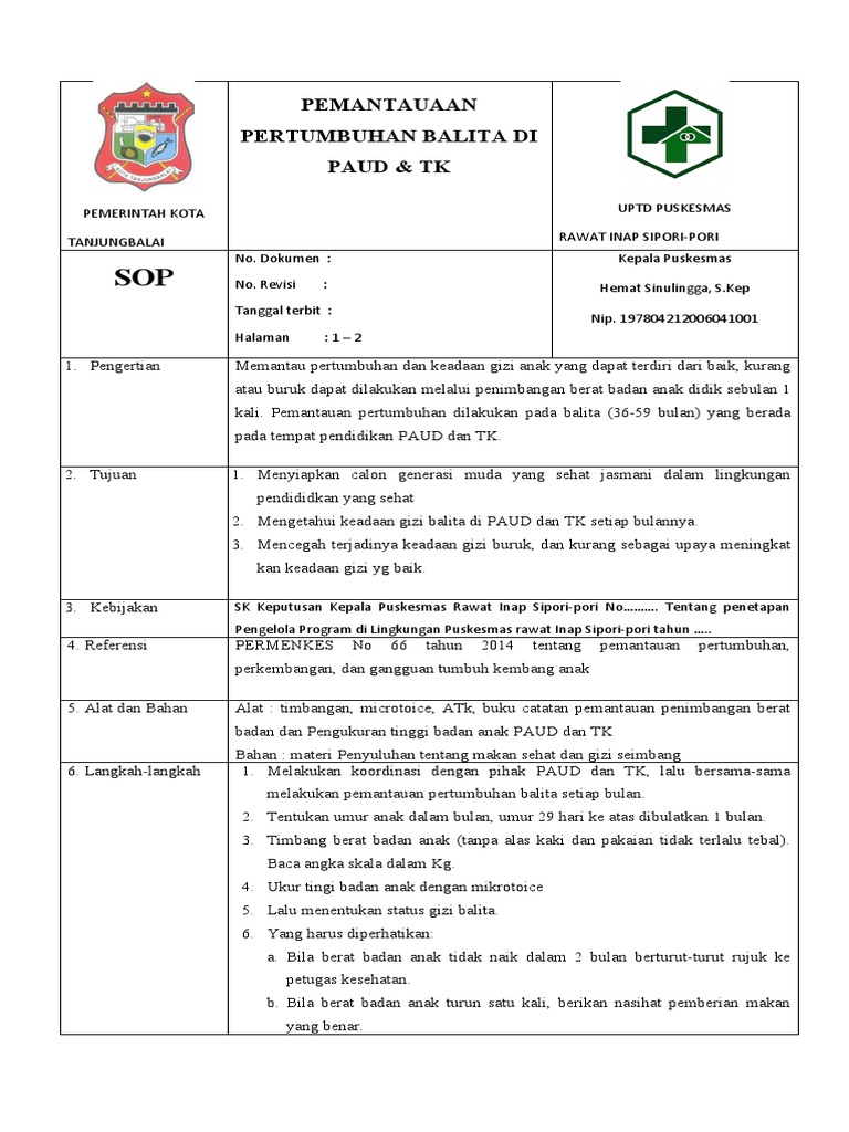 Sop Pemantauan Pertumbuhan Balita Di Paud TK | PDF