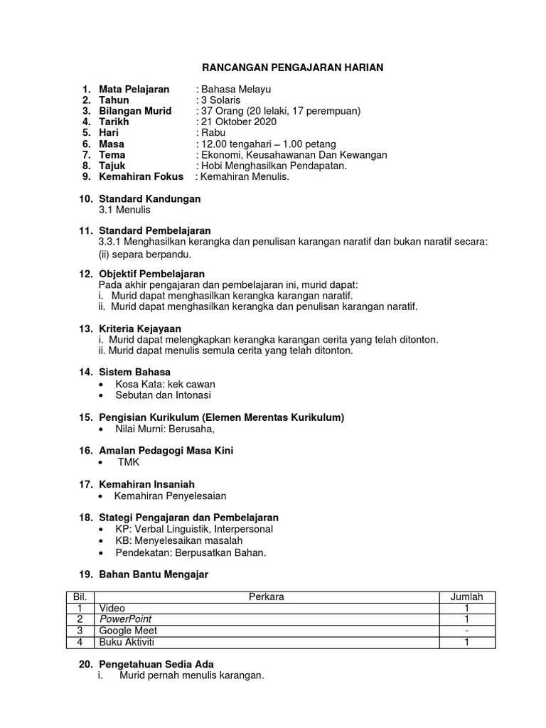 RPH BM Tahun 3 (M6) 21 Okt 20 | PDF
