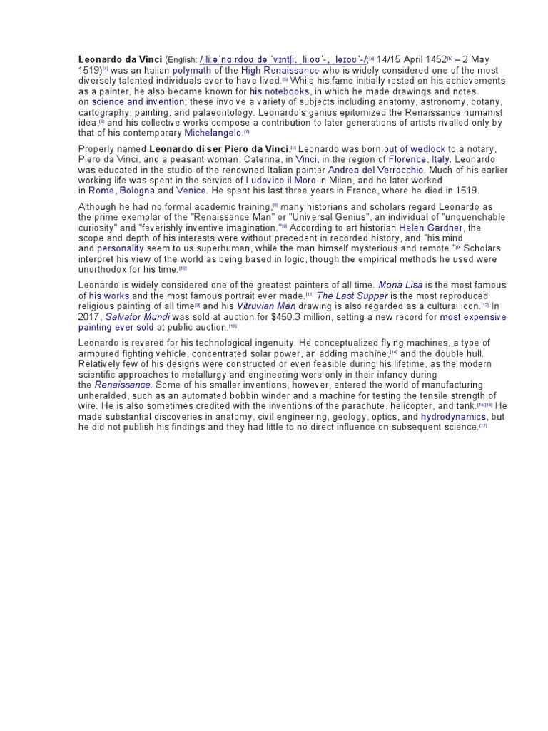 Leonardo Da Vinci (: Mona Lisa The Last Supper Vitruvian Man Salvator ...