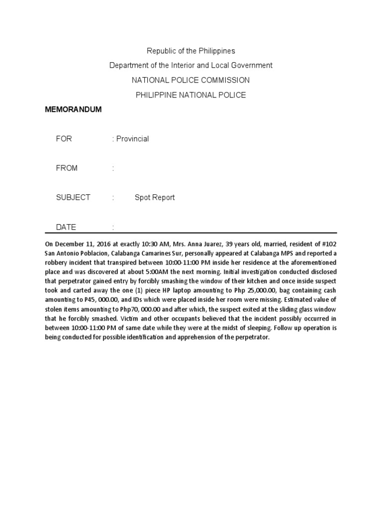 Robbery Incident Spot Report | PDF