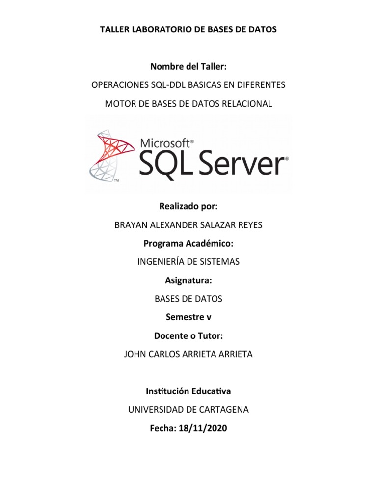 Taller Practico BD - Taller DDL-SQL - MOTOR - SQLSERVER | PDF | Servidor SQL de Microsoft | SQL