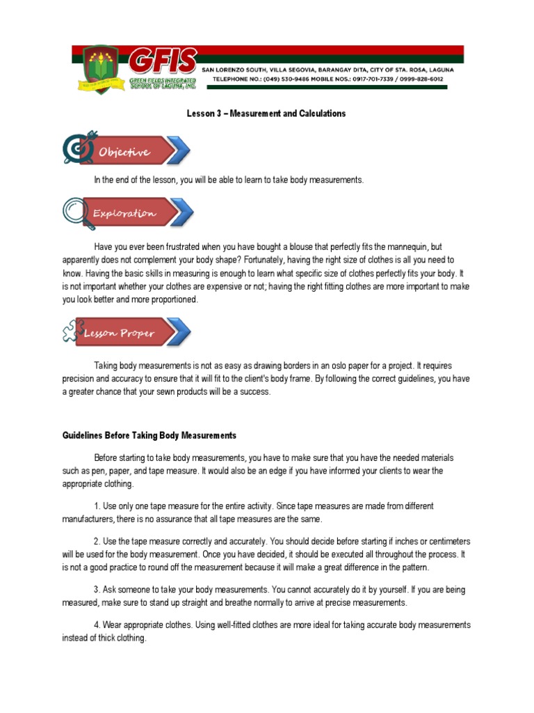 Lesson 3 - Measurement and Calculations | PDF | Measurement | Clothing