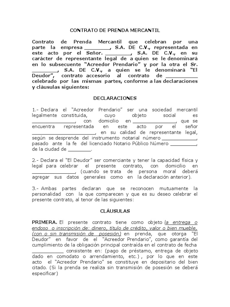 Contrato de Prenda Mercantil Detallado | PDF