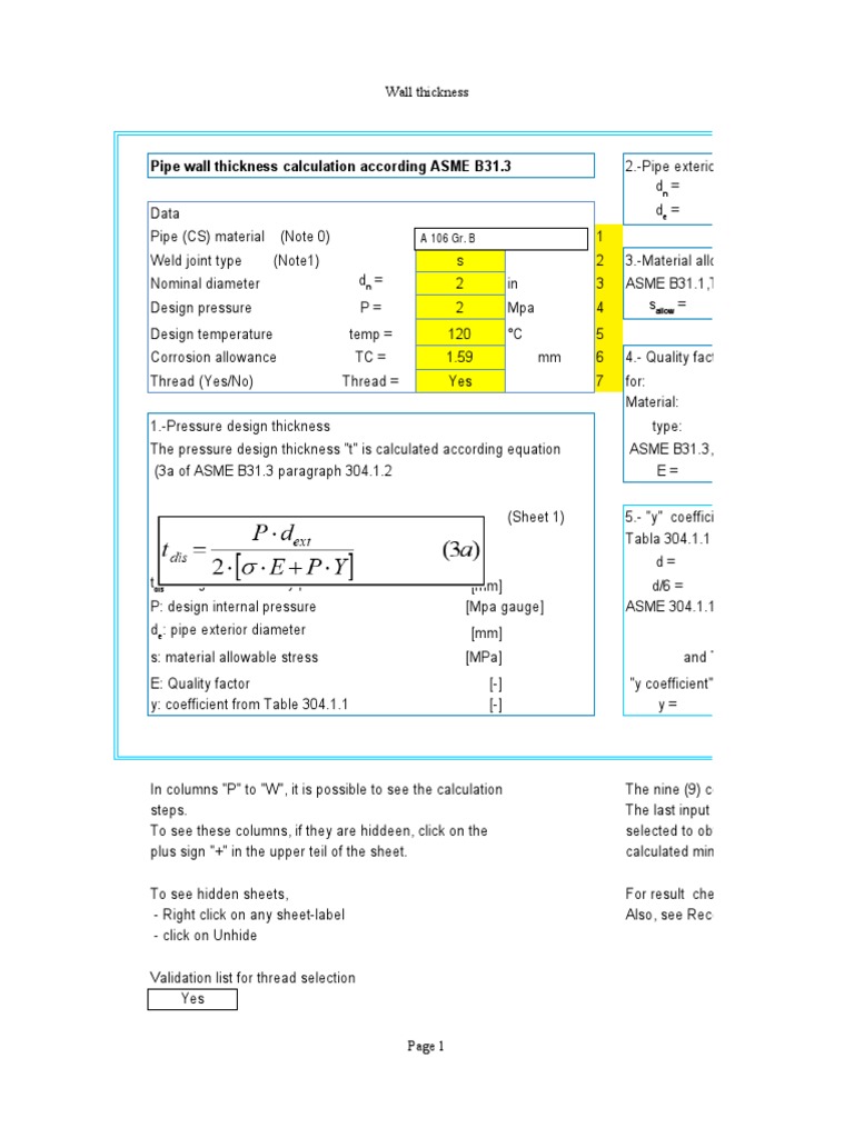 Pipes. Wall Thickness Calculation According ASME B31.3.ods | PDF | Pipe ...