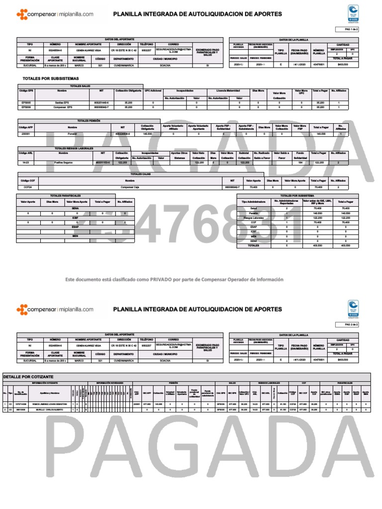 Planilla Compensar | PDF | Pensión | Gastos