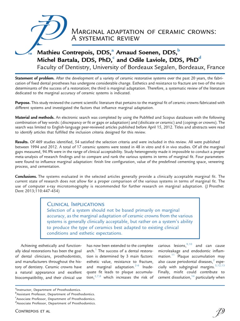 Marginal Adaptation of Ceramic Crowns A Systematic Review | PDF ...