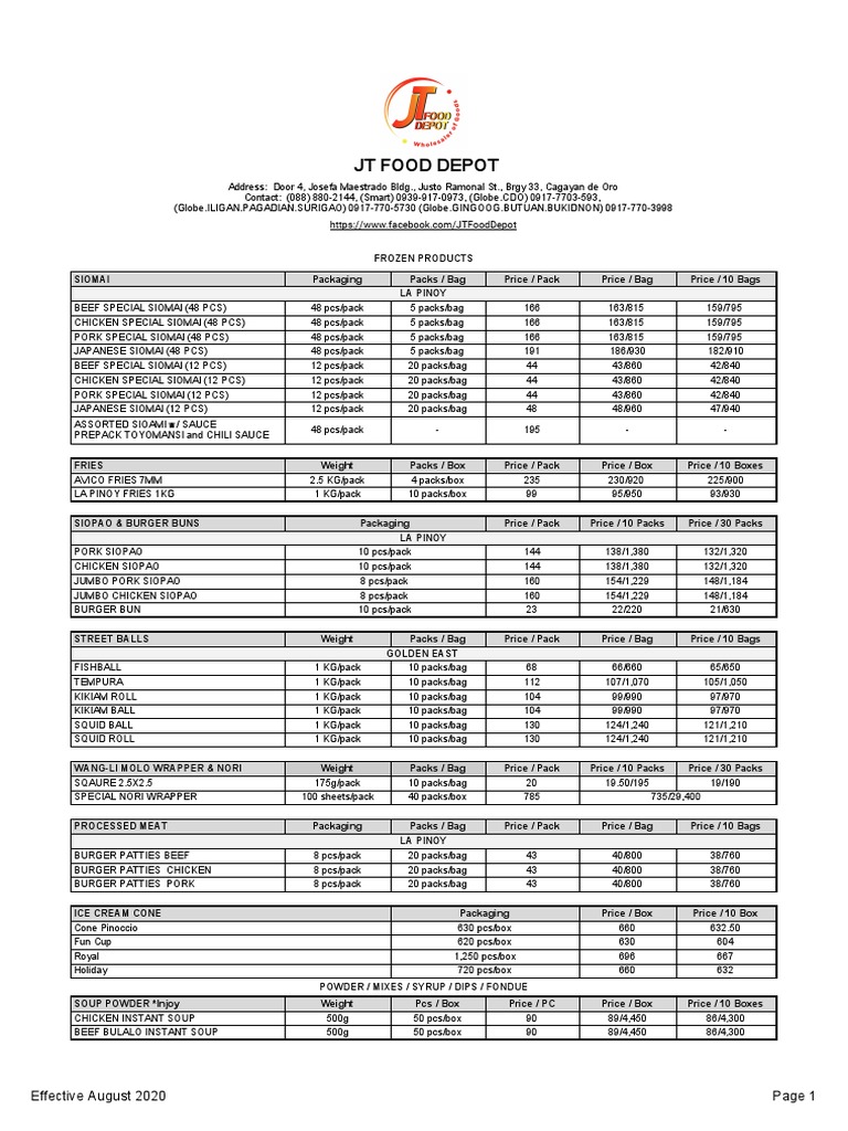 JT Food Depot: Effective August 2020 | PDF | Foods | Cuisine