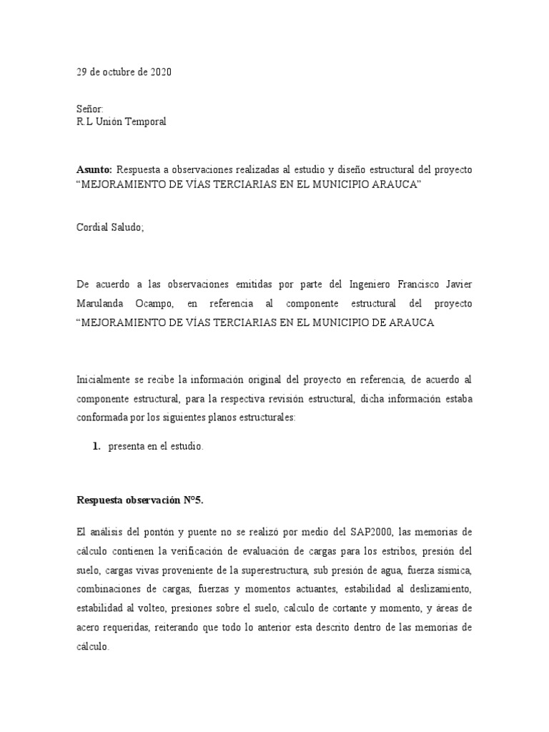 Oficio Proyecto Via Terciaria | PDF