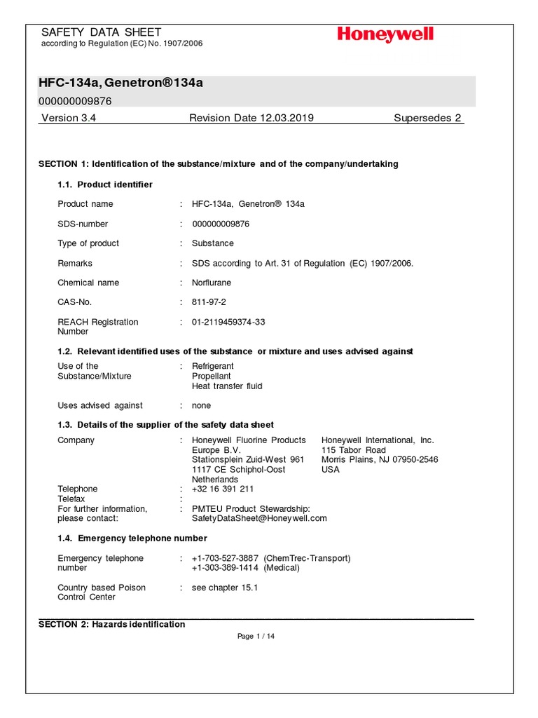 HFC-134a, Genetron® 134a: Safety Data Sheet | PDF | Firefighting | Toxicity