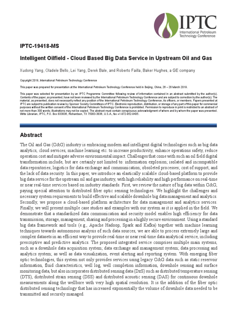 Intelligent Oilfield - Cloud Based Big Data Service in Upstream Oil and ...