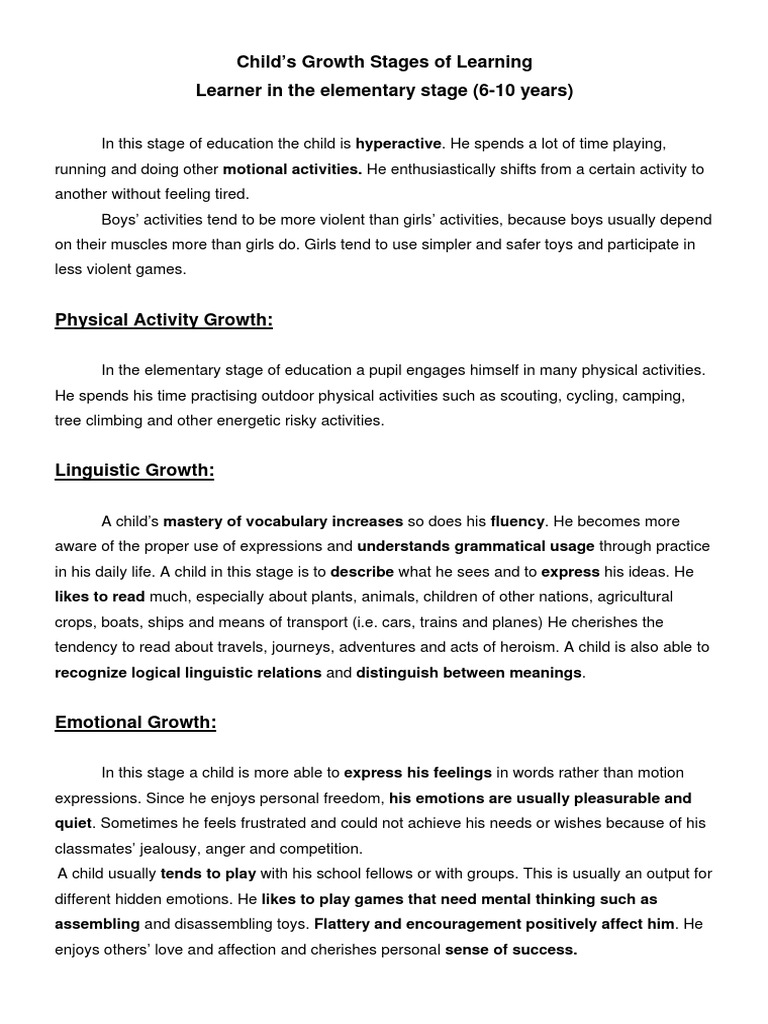 Child's Growth Stages of Learning Learner in The Elementary Stage (6-10 ...