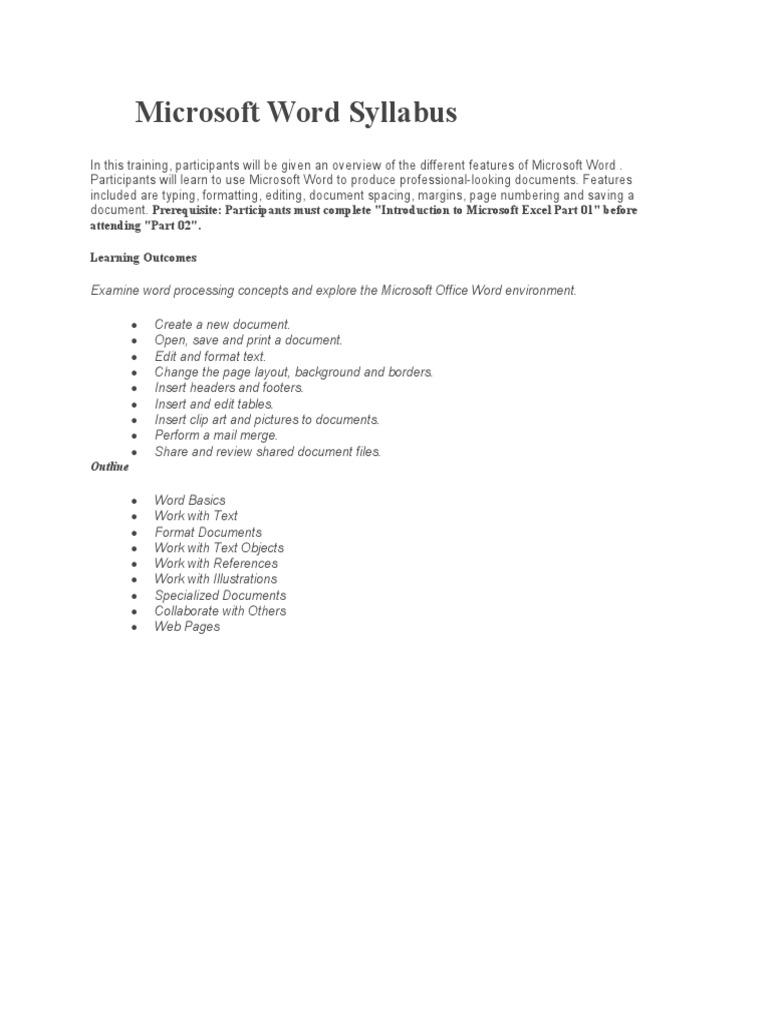 Microsoft Word Syllabus: Attending "Part 02". Learning Outcomes | PDF