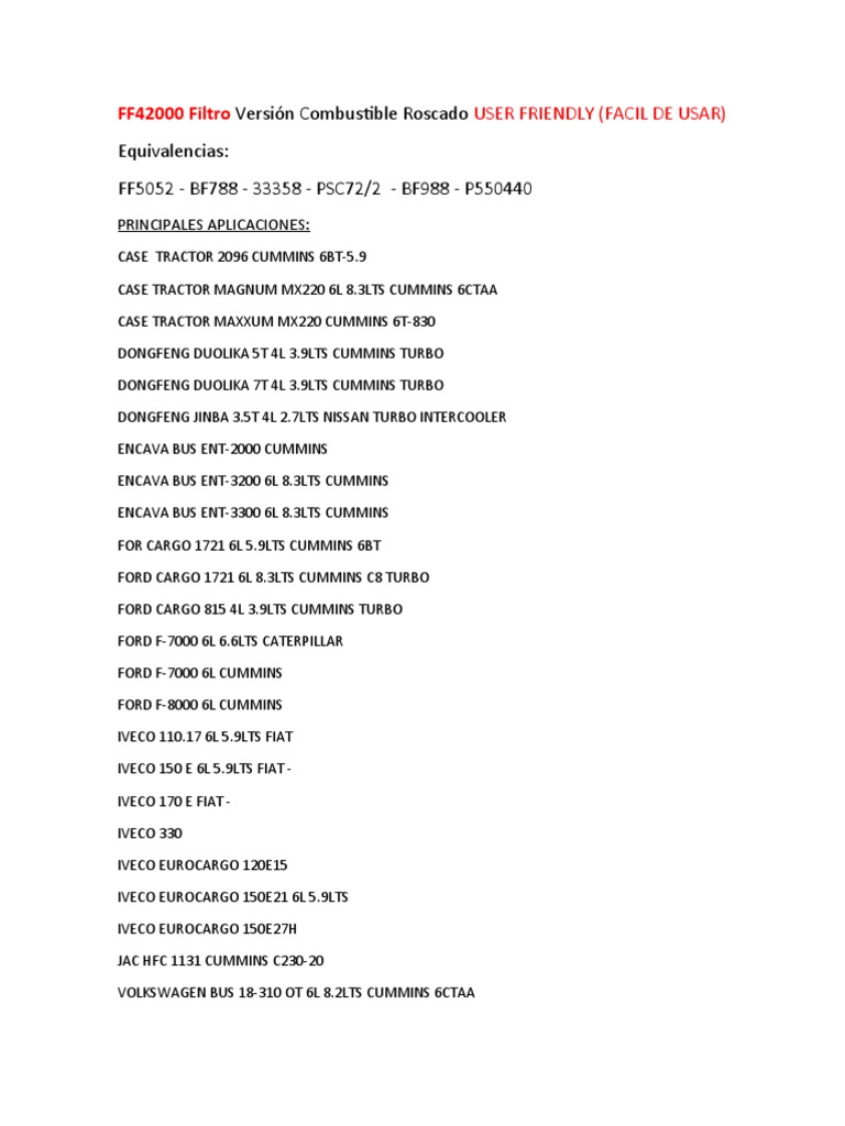 Aplicaciones Filtro FF42000 | PDF | Hogar, jardinería y bricolaje ...