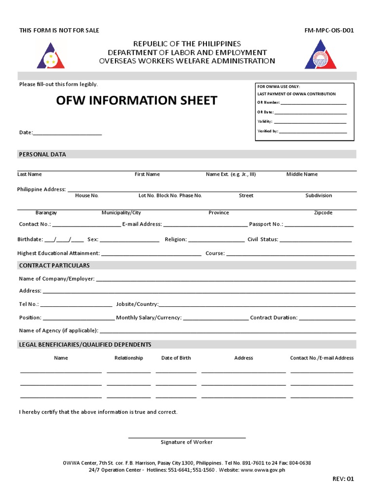 OFW Information Sheet Template | PDF | Labor | Economies
