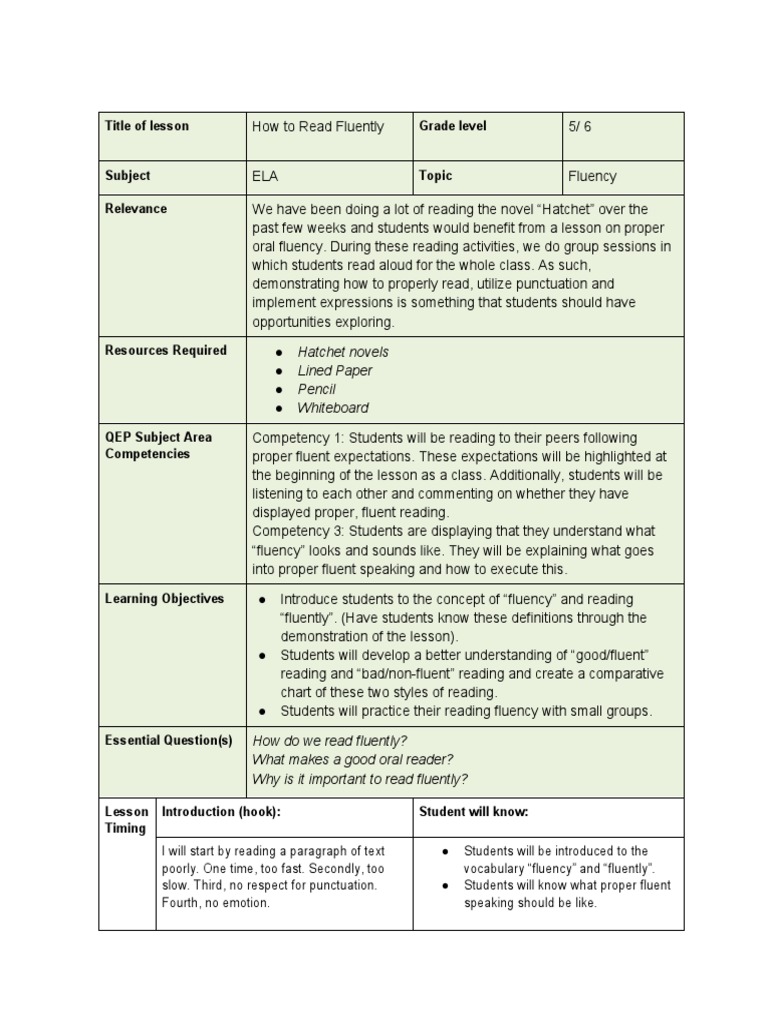 Fluency Lesson Plan | PDF | Fluency | Learning