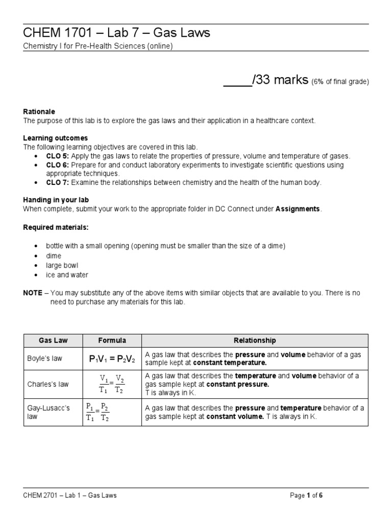 CHEM 1701 - Lab 7 - Gas Laws: Chemistry I For Pre-Health Sciences ...