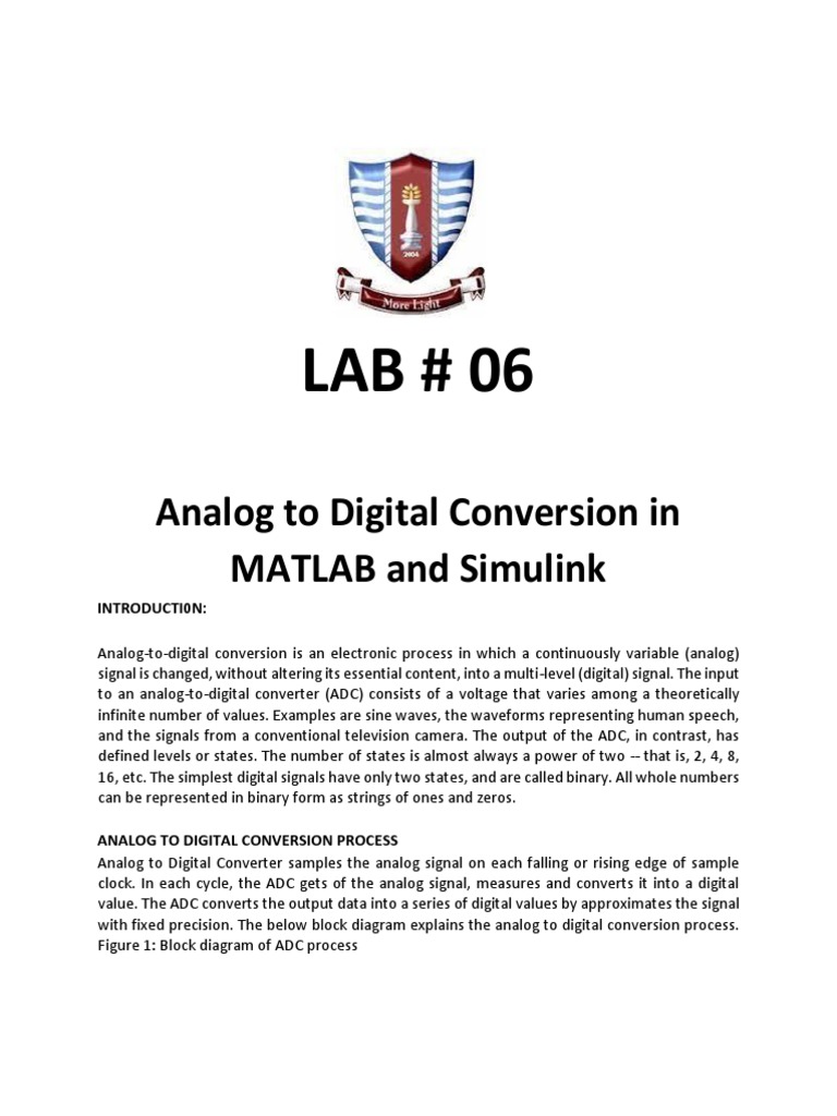 Analog To Digital Conversion In Matlab And Simulink Introducti0n Pdf
