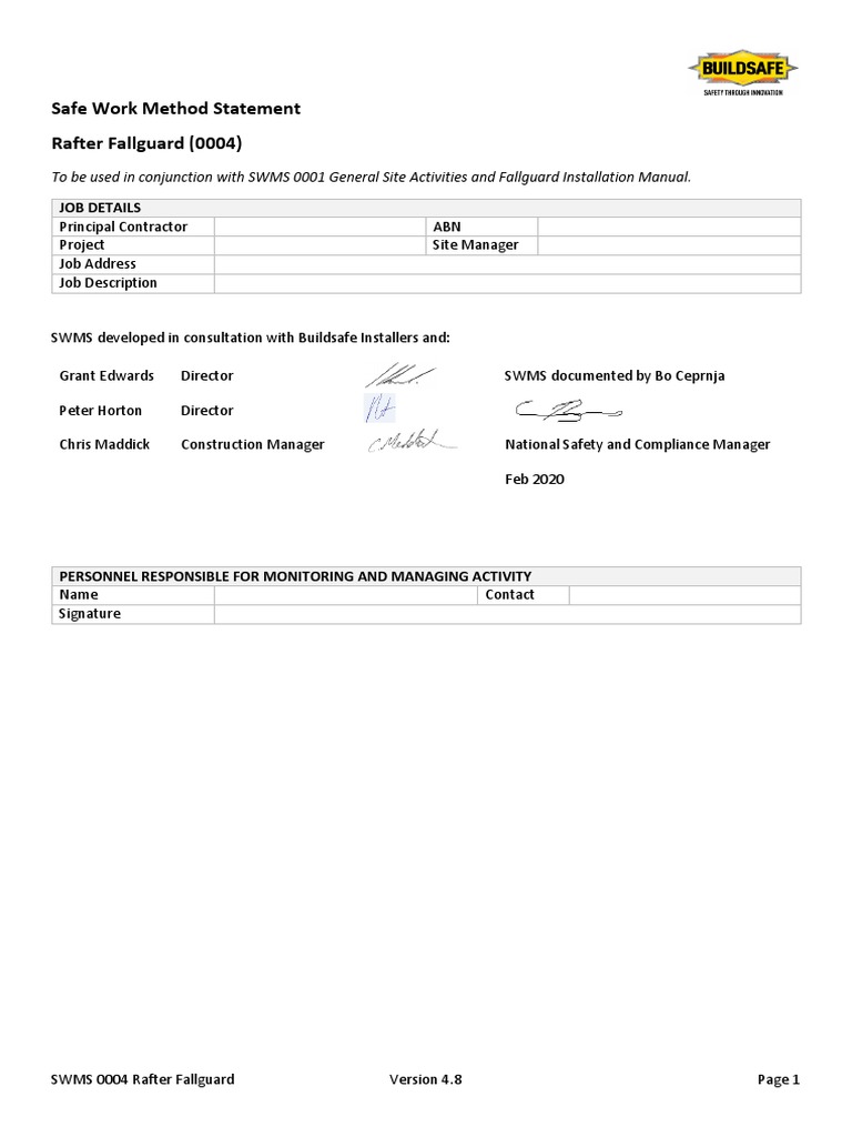 Safe Work Method Statement Rafter Fallguard (0004) : Job Details ...