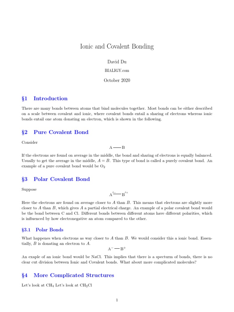 Ionic and Covalent Bonding: 1 Introduction | PDF