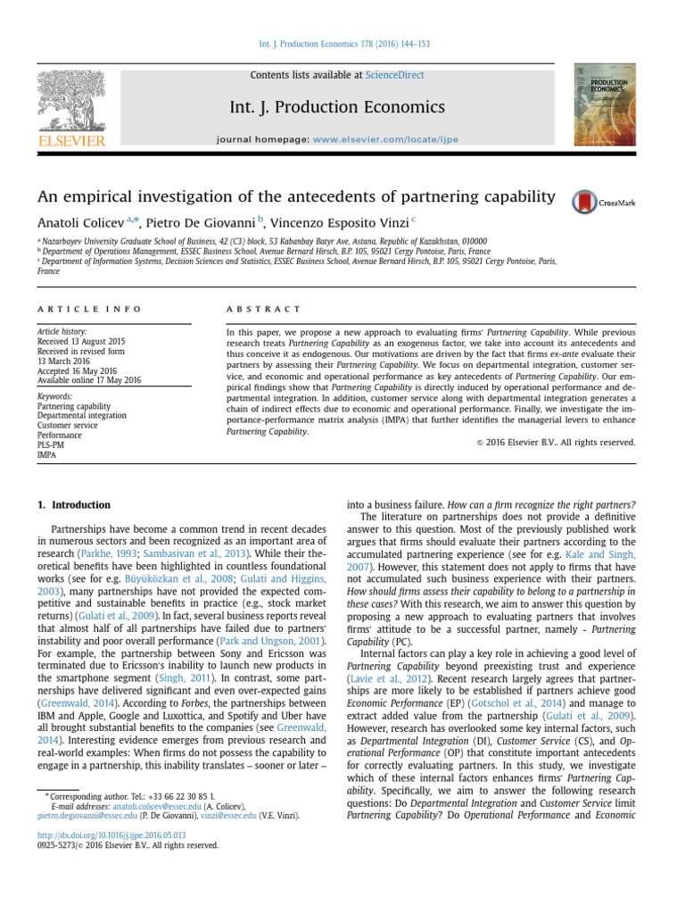 Int. J. Production Economics: Anatoli Colicev, Pietro de Giovanni ...