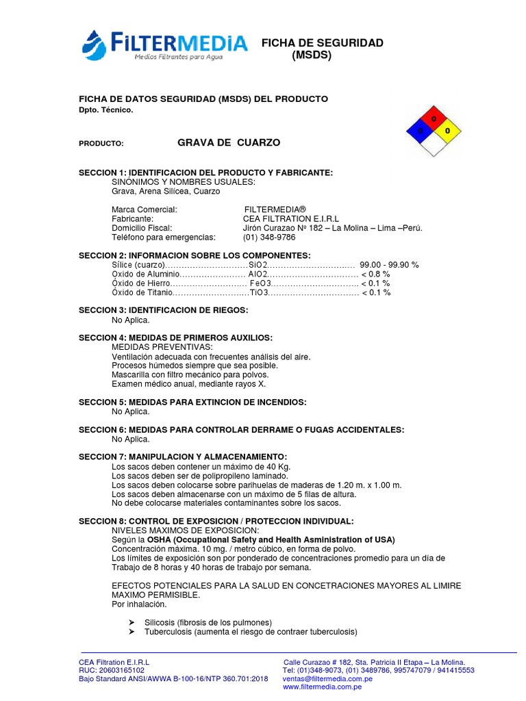 MSDS Hoja de Seguridad Grava de Cuarzo | PDF | Sustancias químicas ...