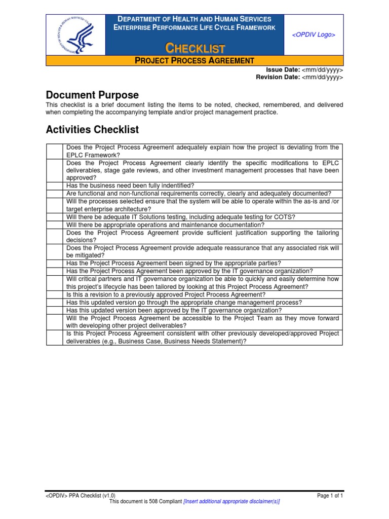 EPLC Project Process Agreement Checklist | PDF | Information Technology ...