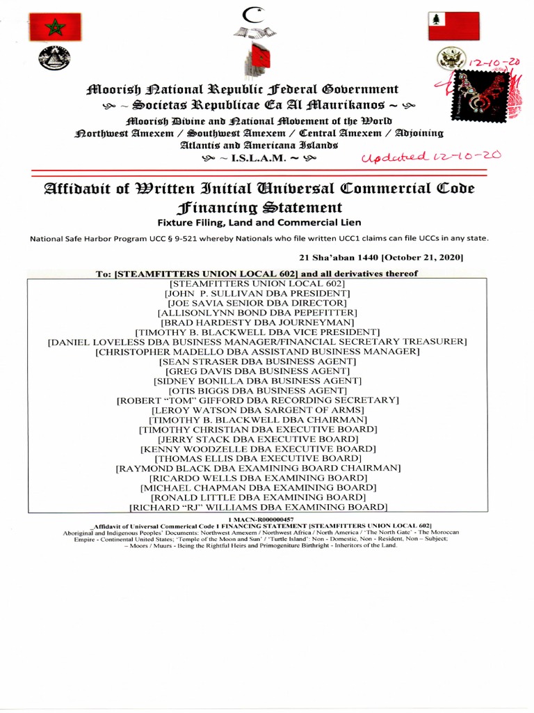 Affidavit - Universal Commercial Code-STEAMFITTERS UNION LOCAL 602-LIEN ...