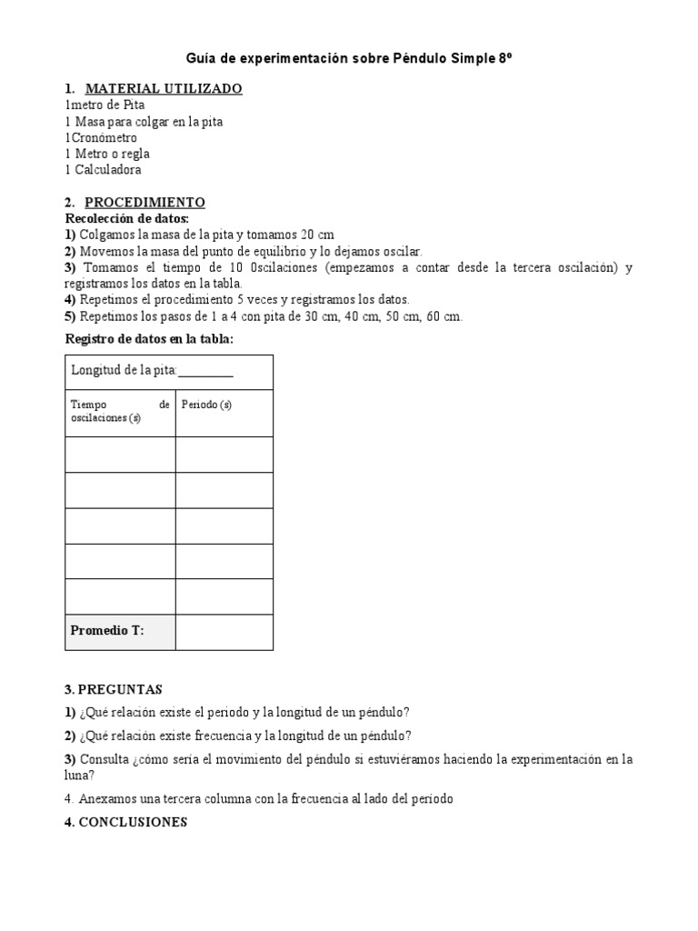 Experimento de Péndulo Simple 8º | PDF