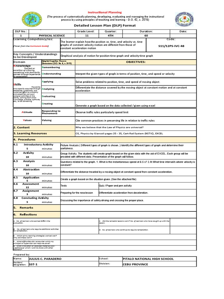 Detailed Lesson Plan (DLP) Format: S11/12PS-IVC-48 | PDF | Acceleration ...