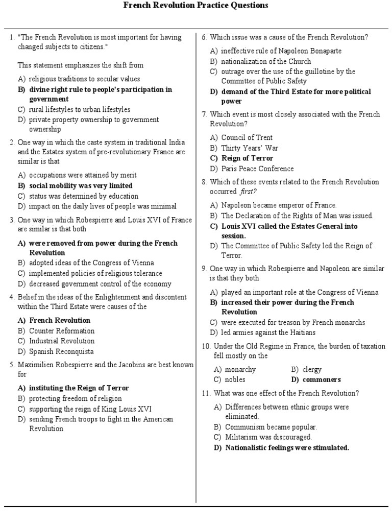 French Revolution Practice Questions TC | PDF | French Revolution | France