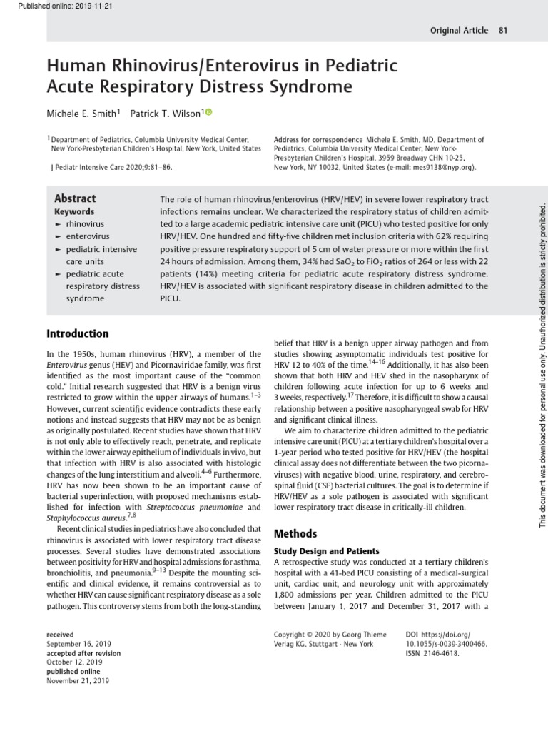 Human Rhinovirus/Enterovirus in Pediatric Acute Respiratory Distress Syndrome | PDF | Pneumonia ...
