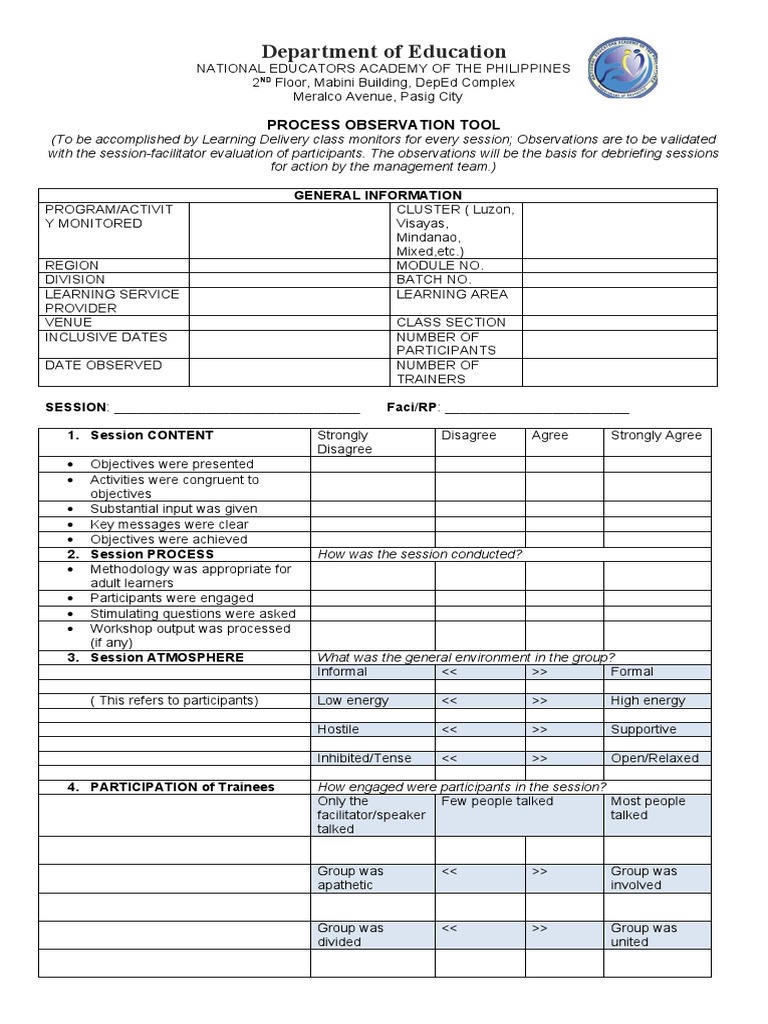 Department of Education: Process Observation Tool | Download Free PDF ...