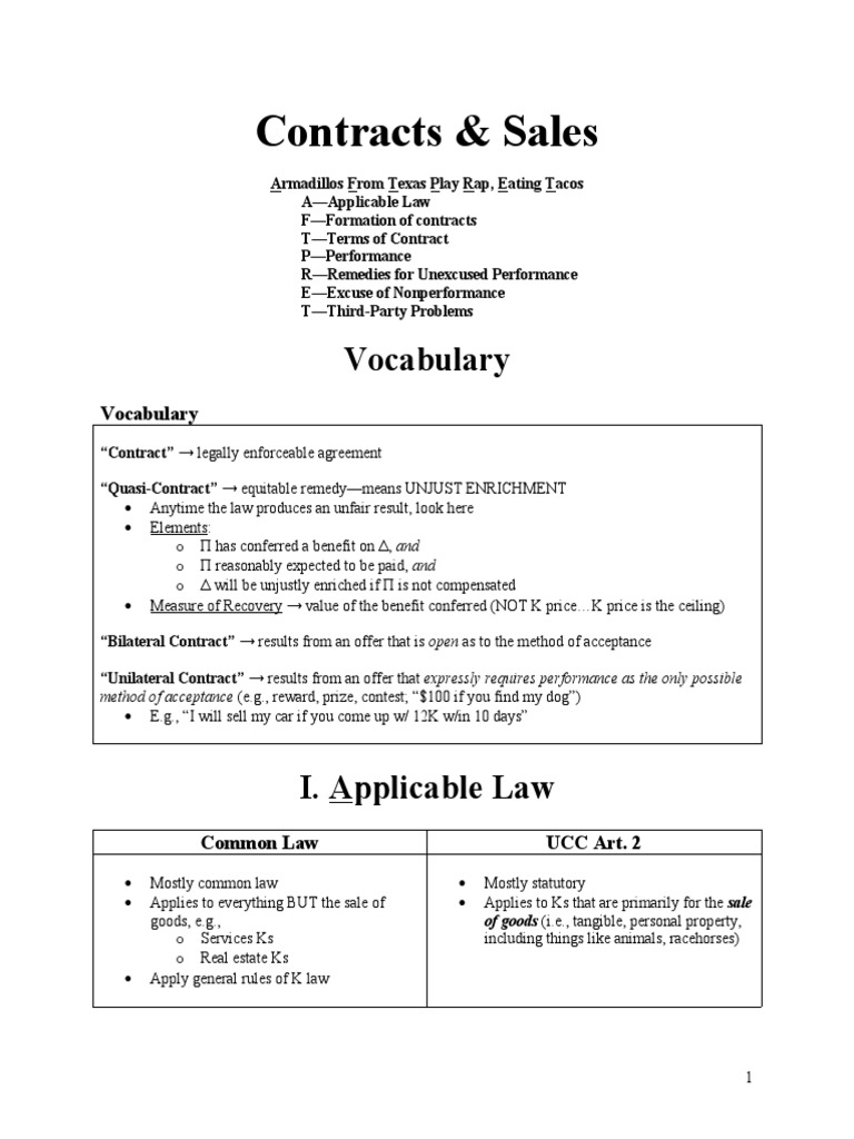Formation and Enforcement of Contracts for the Sale of Goods: A Summary of Applicable Law ...
