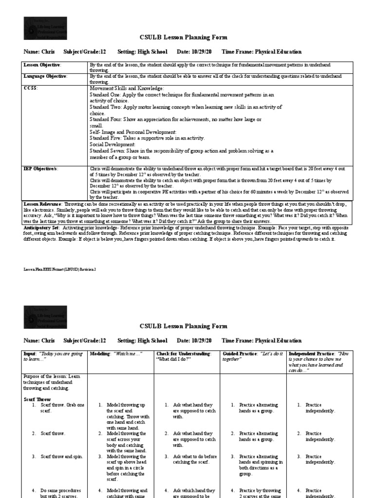 Edsp - Lesson Plan - Underhand Throwing | Download Free PDF | Scarf ...