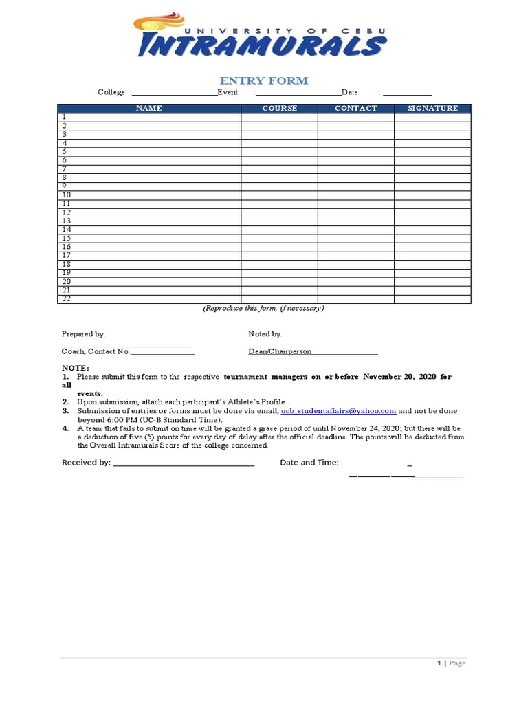 Entry Form for Intramurals 2020 College Competition | PDF | Consent ...