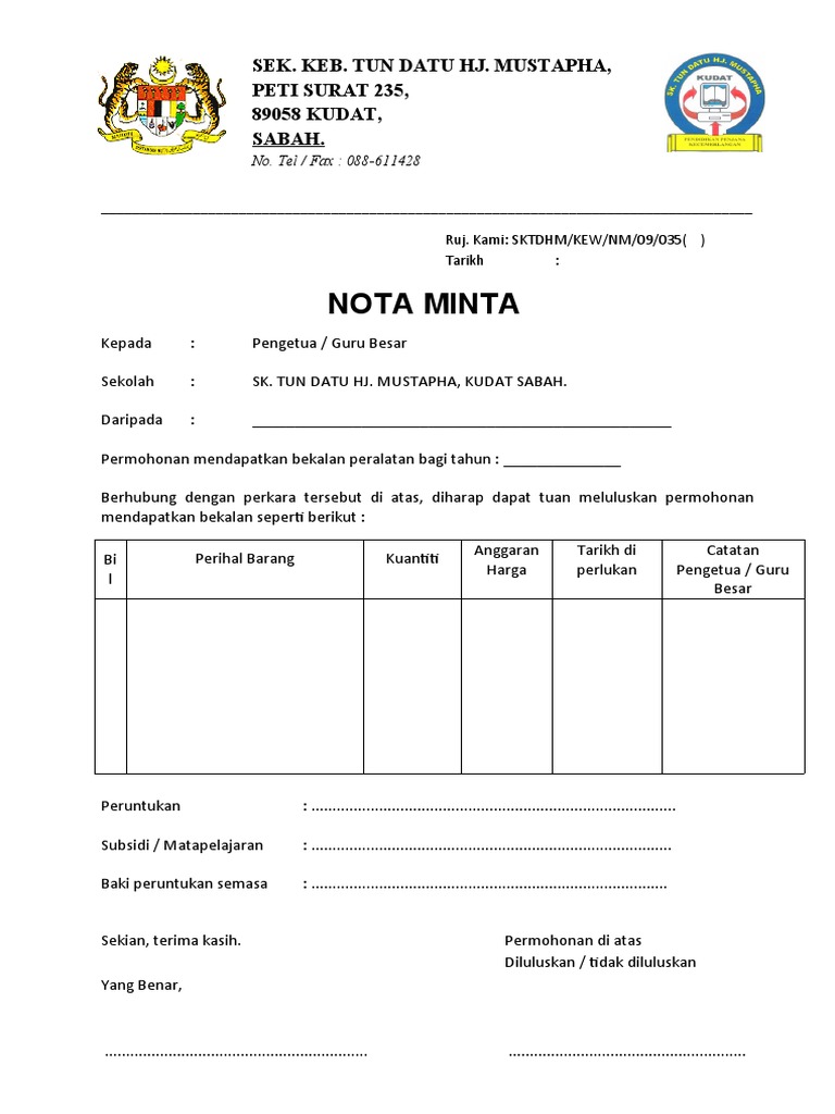 BORANG NOTA MINTA