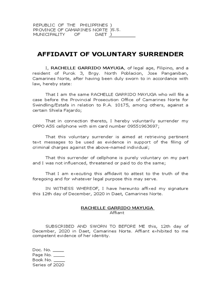 Affidavit of Voluntary Surrender | PDF