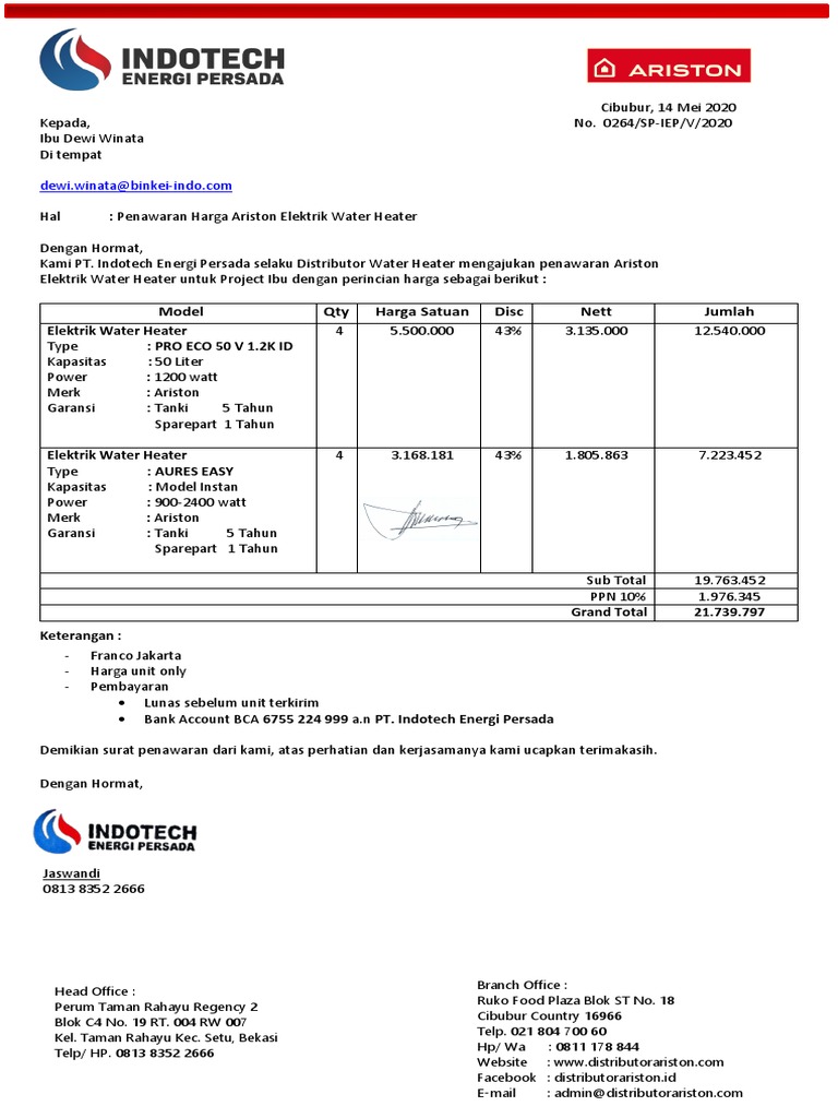 Penawaran Harga Ariston Water Heater | PDF