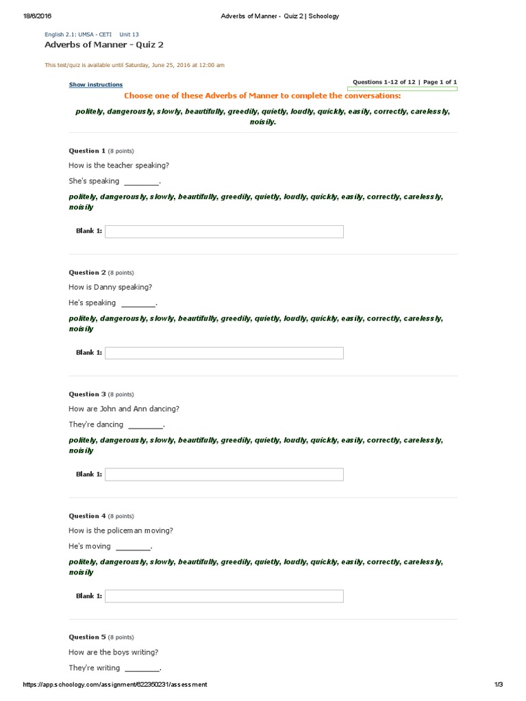 Adverbs of Manner Quiz 2 | PDF | Tests | Learning