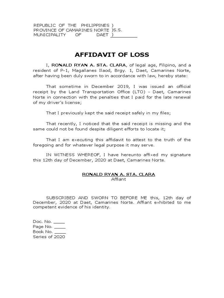 Affidavit of Loss - LTO Receipt Daet | PDF | Social Science | Law