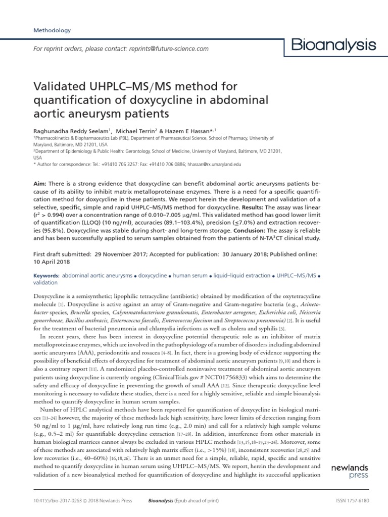 Validated UHPLC-MS - MS Method For Quantification of Doxycycline in Abdominal Aortic Aneurysm ...