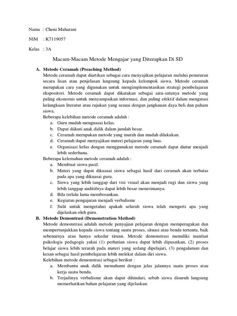 Cheni Maharani - K7119057 - 3A - Tugas SBM Metode Mengajar Yang Diterapkan Di SD | PDF