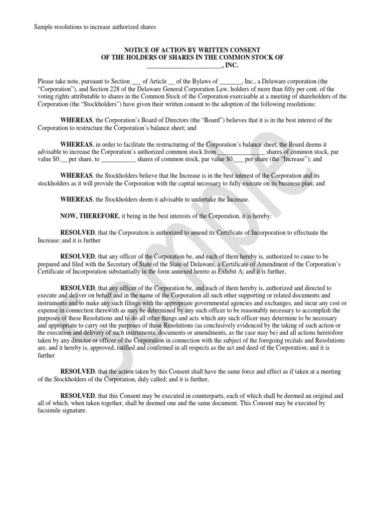 Sample Increase Authorized Shares Resolution | PDF | Corporations ...