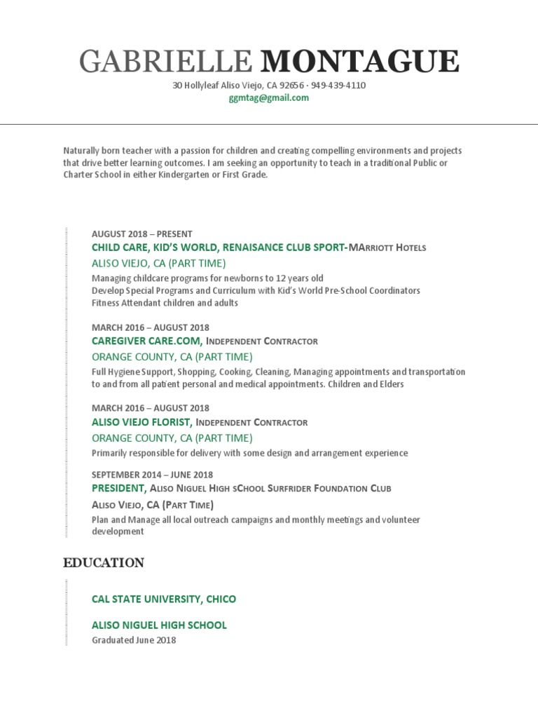 Kindergarten Teacher Resume - Gabrielle Montague | PDF | Wellness
