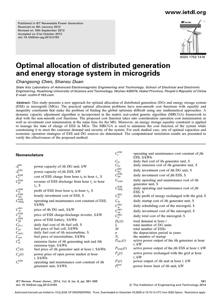 Optimal Allocation Of Distributed Generation And Energy Storage System In Microgrids Pdf