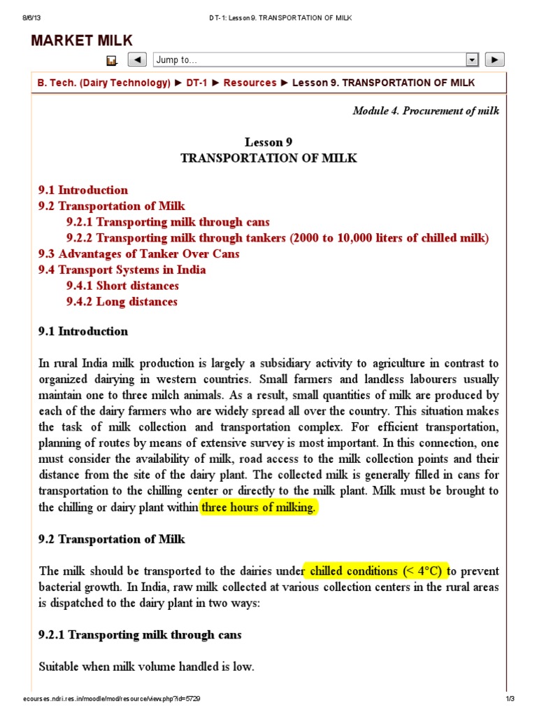 9.transportation of Milk | PDF | Dairy | Milk