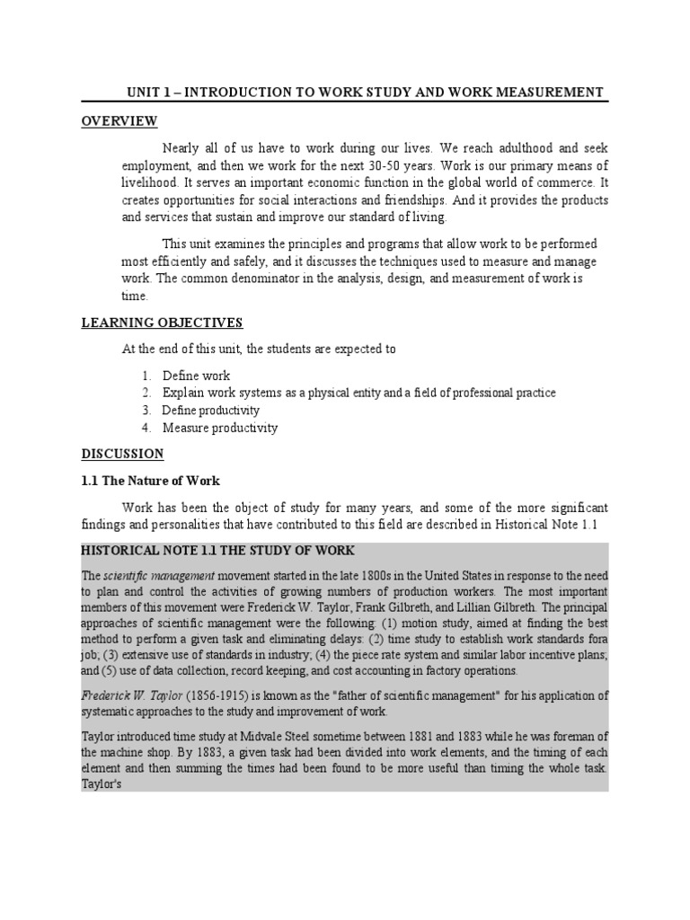 Unit 1 Introduction To Work Study and Work Measurement | PDF | Workforce Productivity | Labour ...