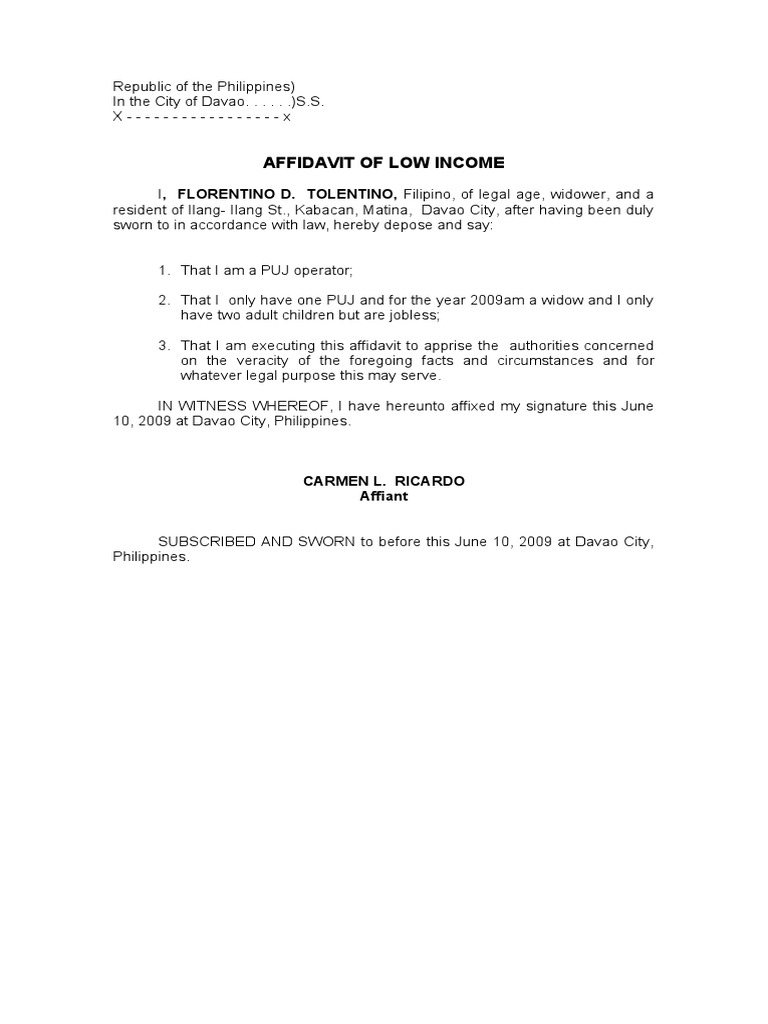 Affidavit of Low Income: Carmen L. Ricardo Affiant | PDF
