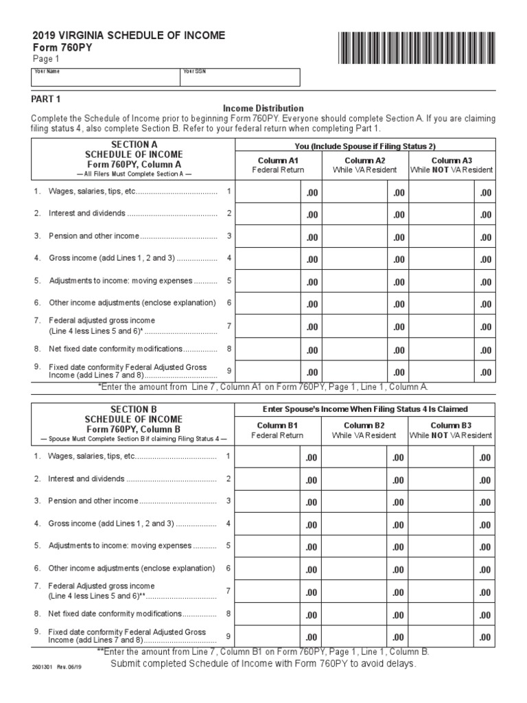 2019 Virginia Schedule of Income Form 760PY: You (Include Spouse If ...